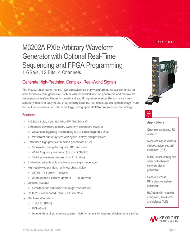 M3202A PXIe Arbitrary Waveform Generator with Optional Real-Time Sequencing and FPGA Programming ...